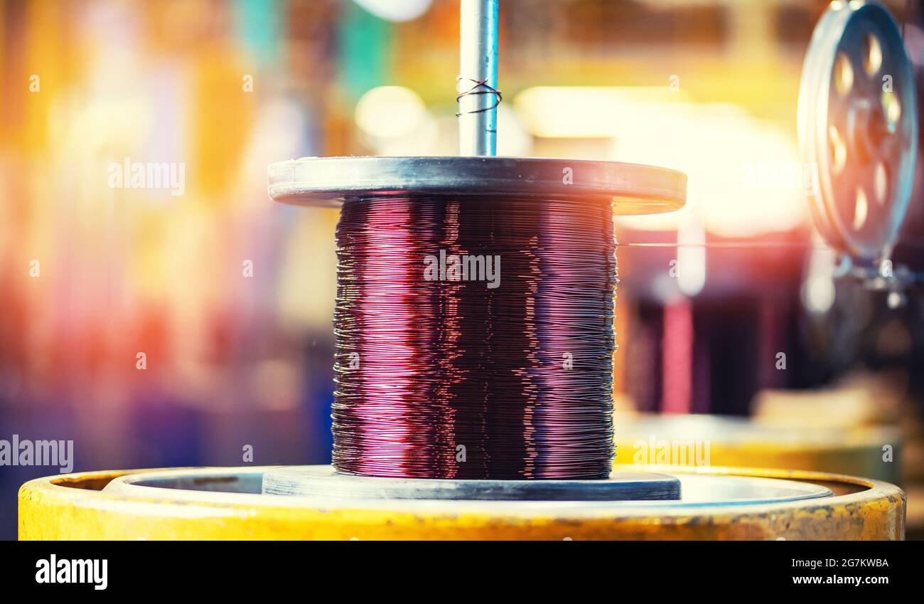 Copper wire cable production in coils, metal steel industrial plant ...