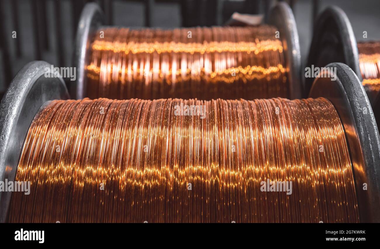Macro texture copper cable rolled coil up on industry factory Stock ...