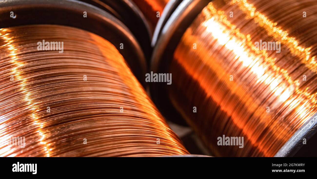 Banner copper cable industry factory, coil background with sun light ...