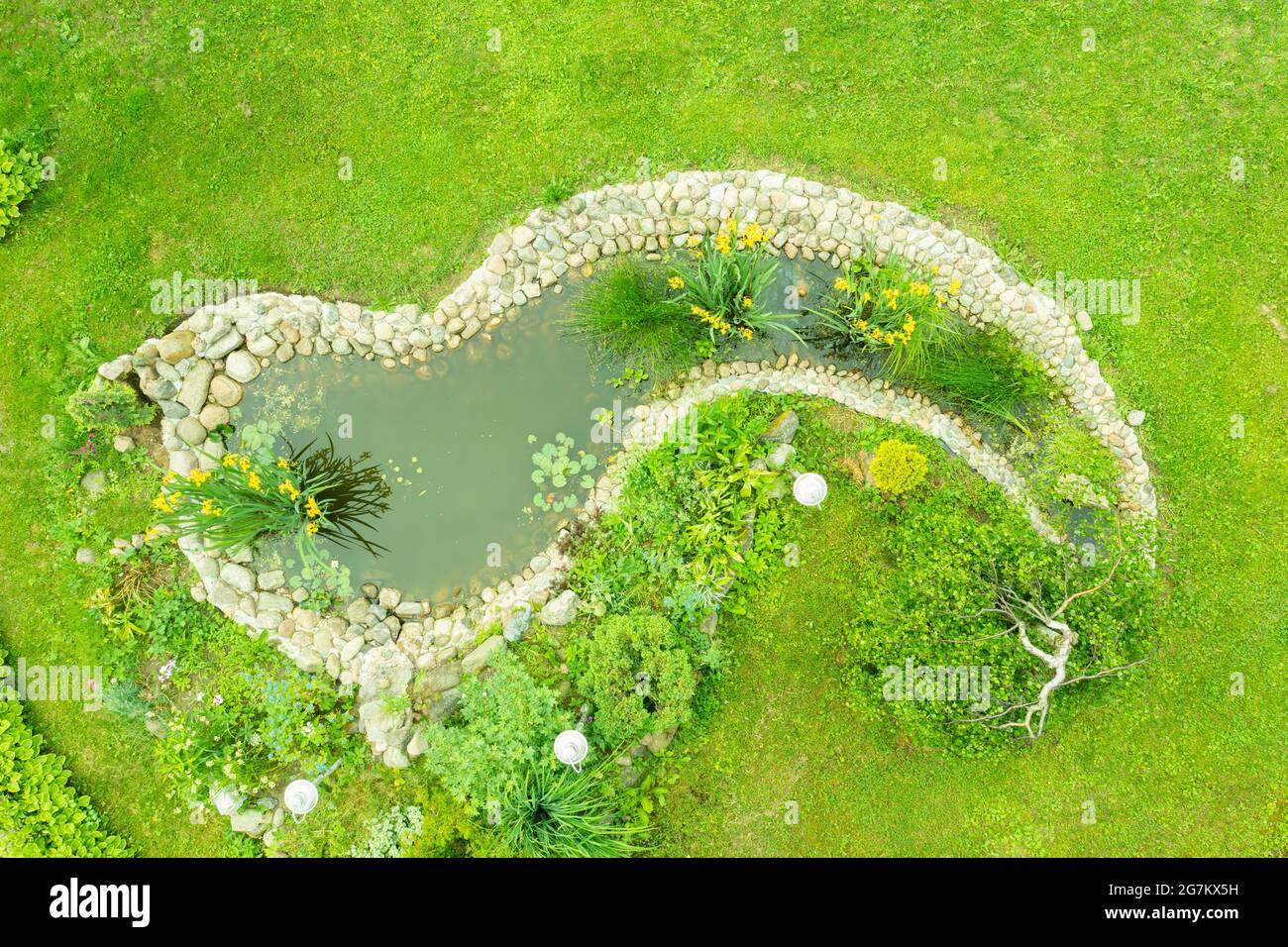 Aerial top view garden pond. Garden fish pond. Pond on natural ...