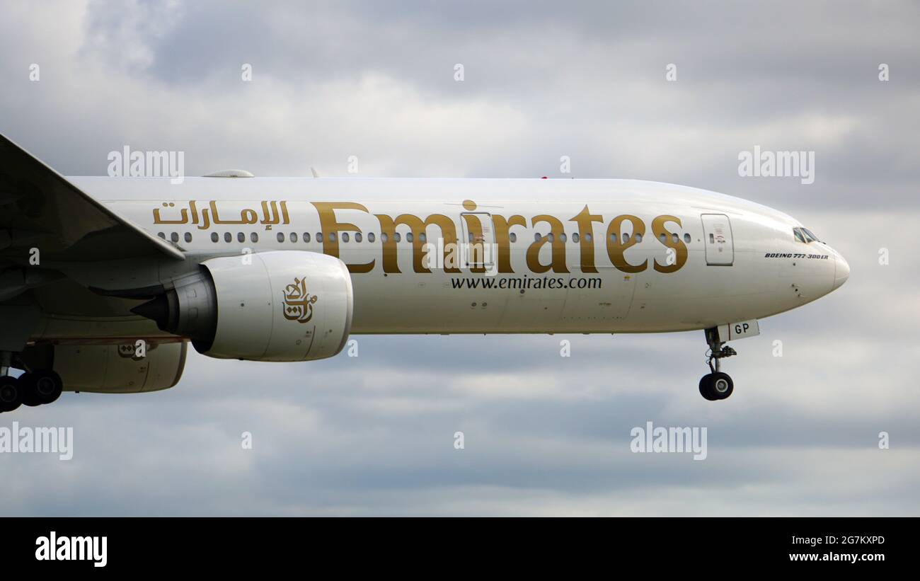 CHICAGO, UNITED STATES - Jul 02, 2021: An Emirates Boeing 777 airplane ...