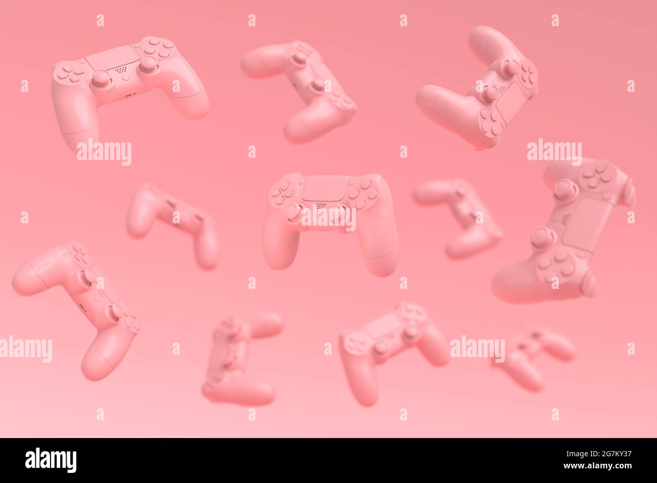 Flying gamer joysticks or gamepads on pink background with blur. 3d ...