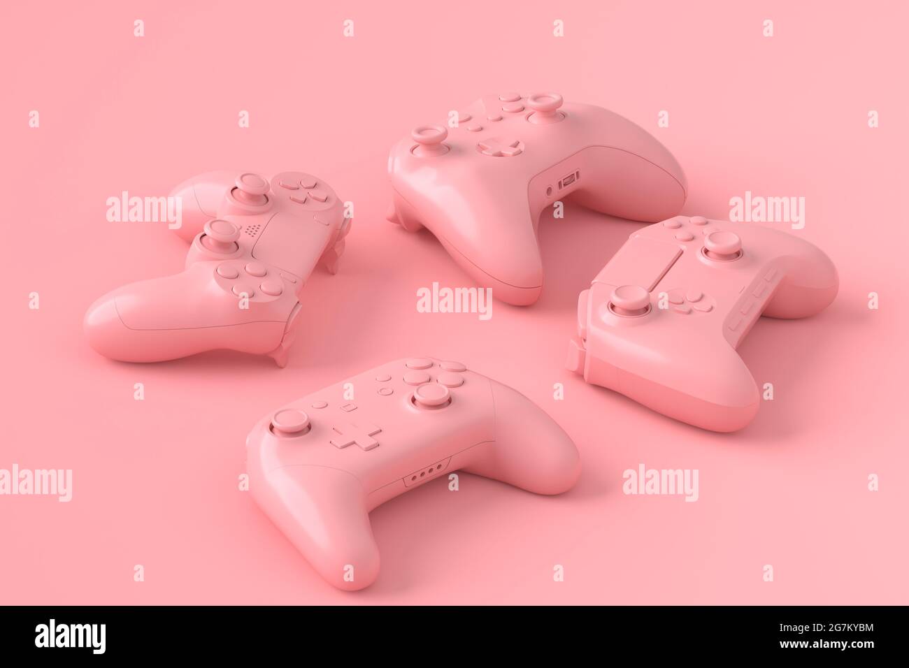 Set of lying monochrome gamer joysticks or gamepads on pink background ...