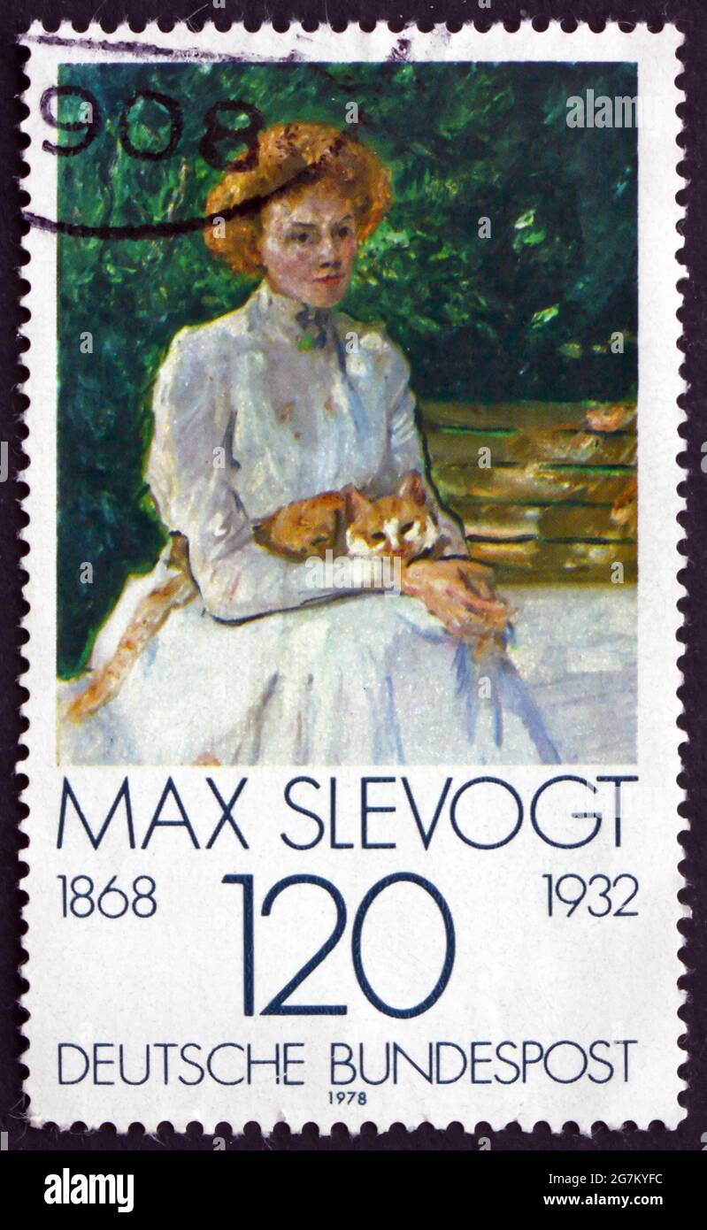 GERMANY - CIRCA 1978: a stamp printed in Germany shows Lady with Cat ...