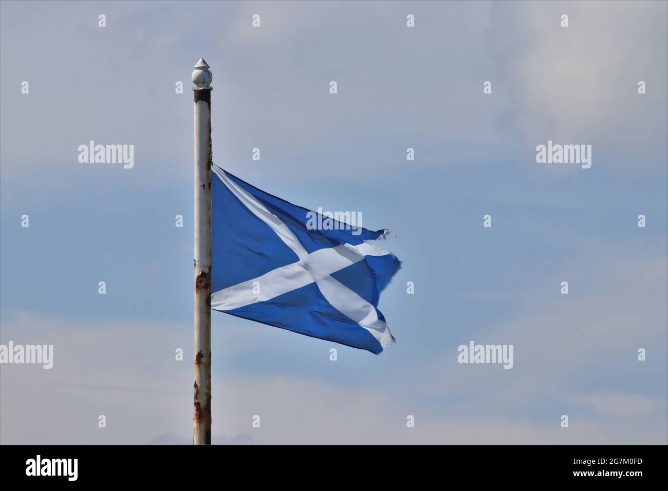 Tattered Scottish flag on rusty pole Stock Photo - Alamy