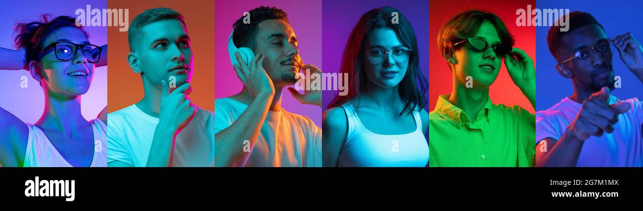 Portrait of group of people on multicolored background in neon light ...