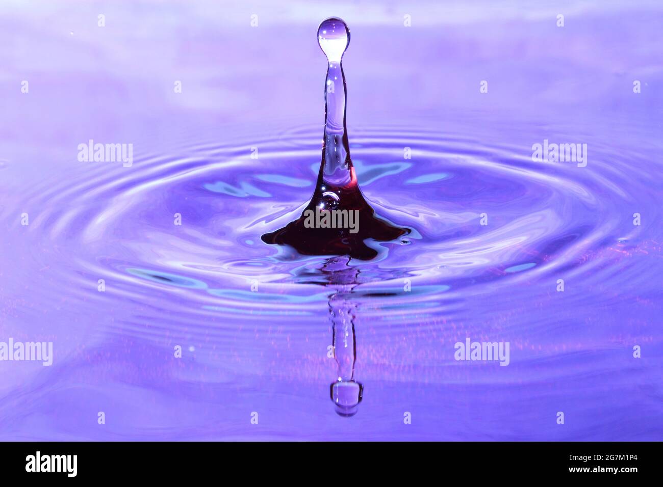 Bit of water dripping into a reflective purple-blue pool and causing ...