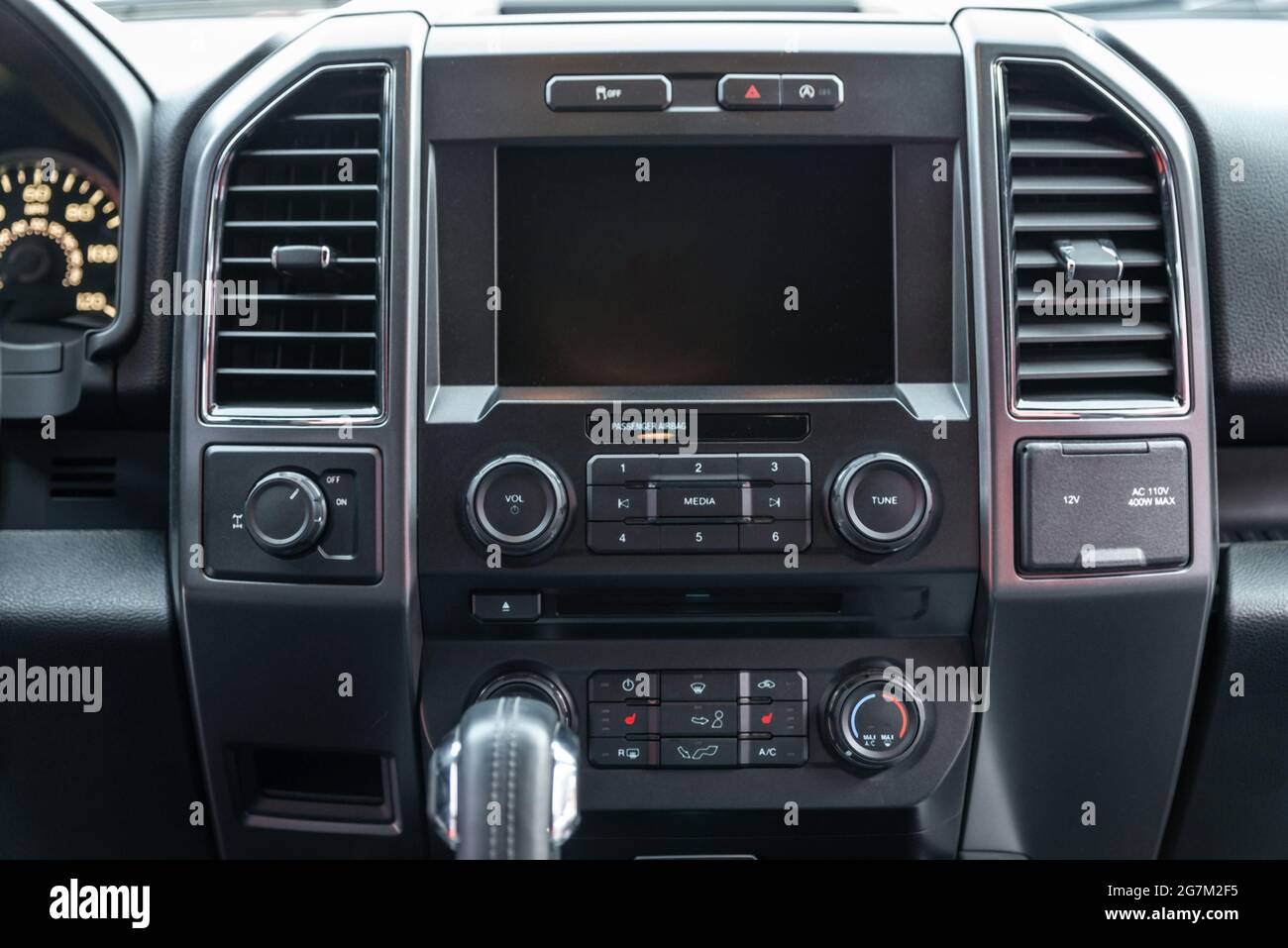 Modern car interior with multimedia display and dashboard. View from ...