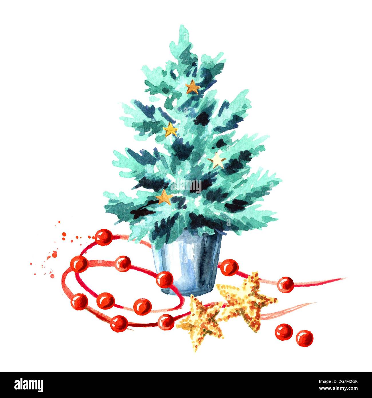 Small decorative Christmas tree. Symbol of the new year. Watercolor ...