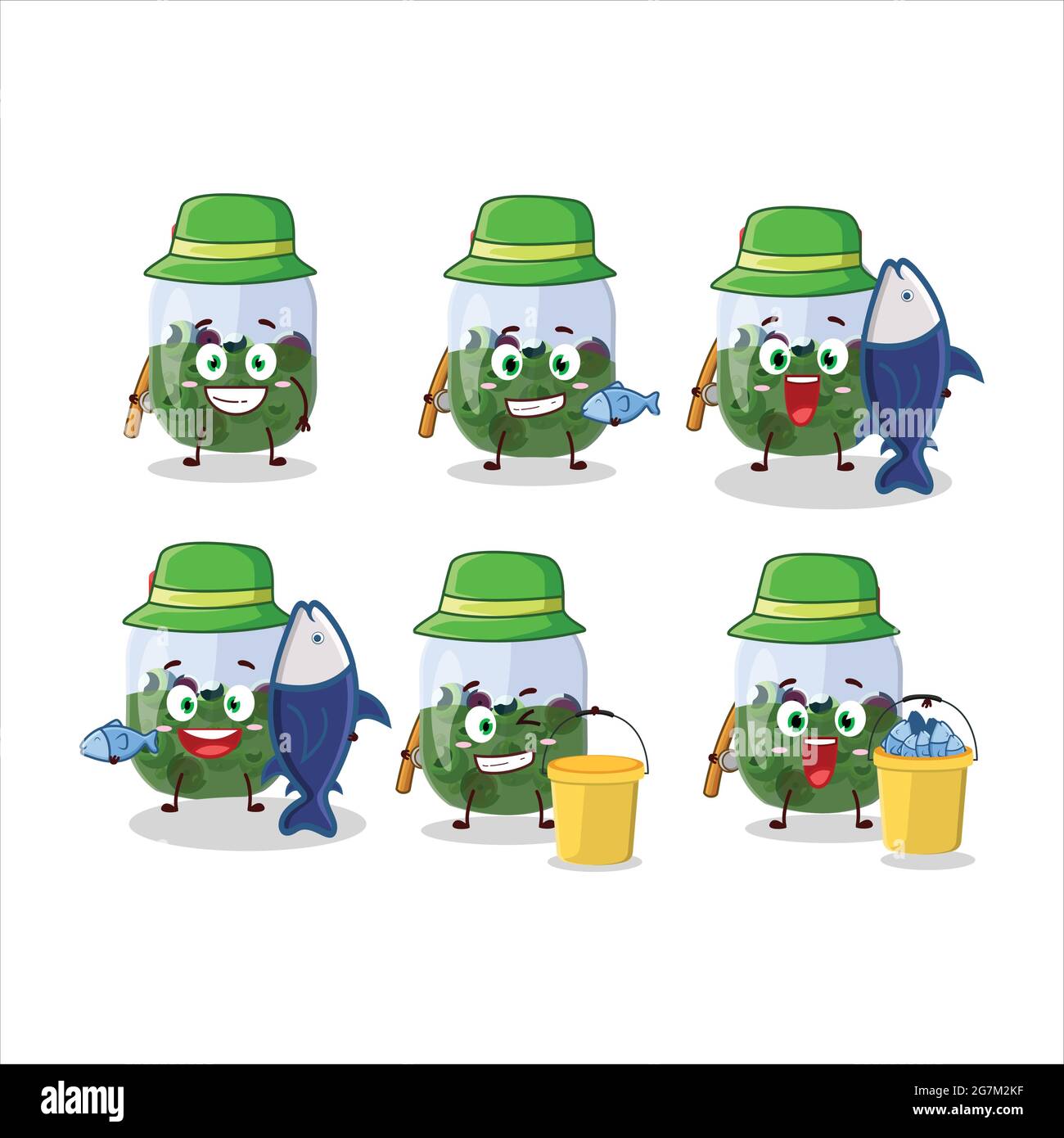 A fisherman eyeball in jar cartoon picture catch a big fish. Vector ...