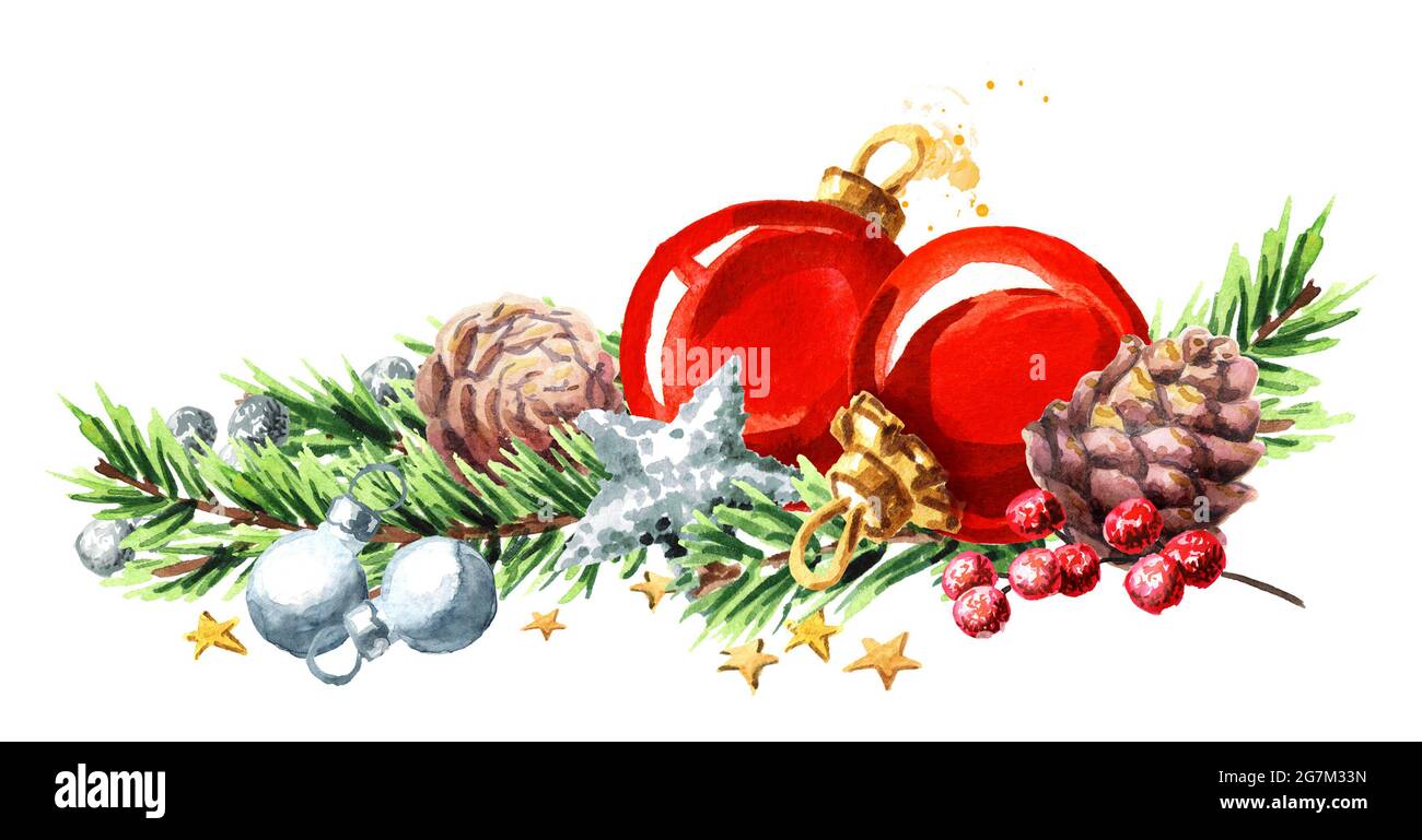 Christmas border with fir branches, red balls, pine cones and stars ...