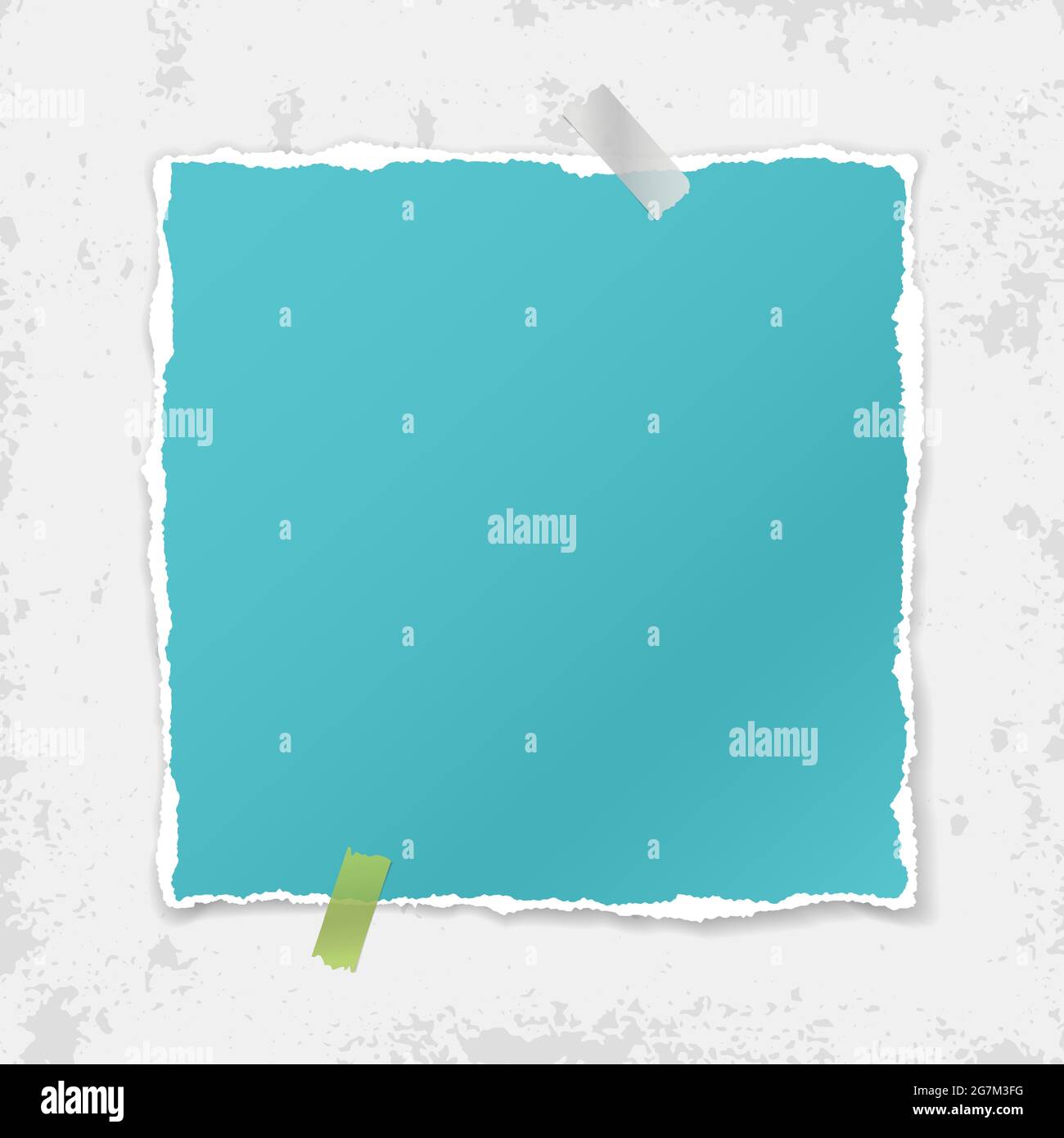 Torn turquoise note, notebook paper stripe is on grey stained ...