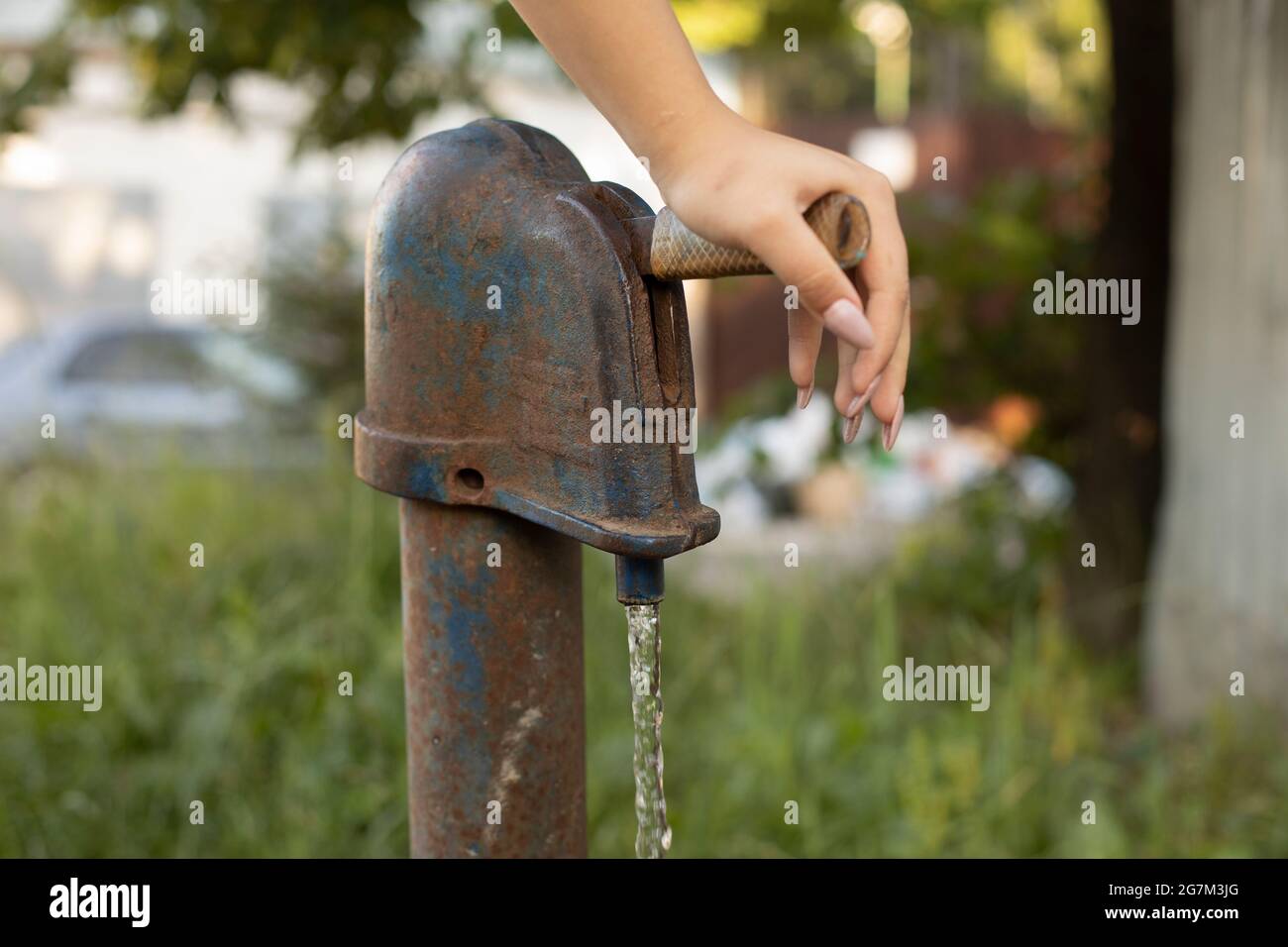 Pressurized water. Water supply hydrant in the village. Fresh water ...