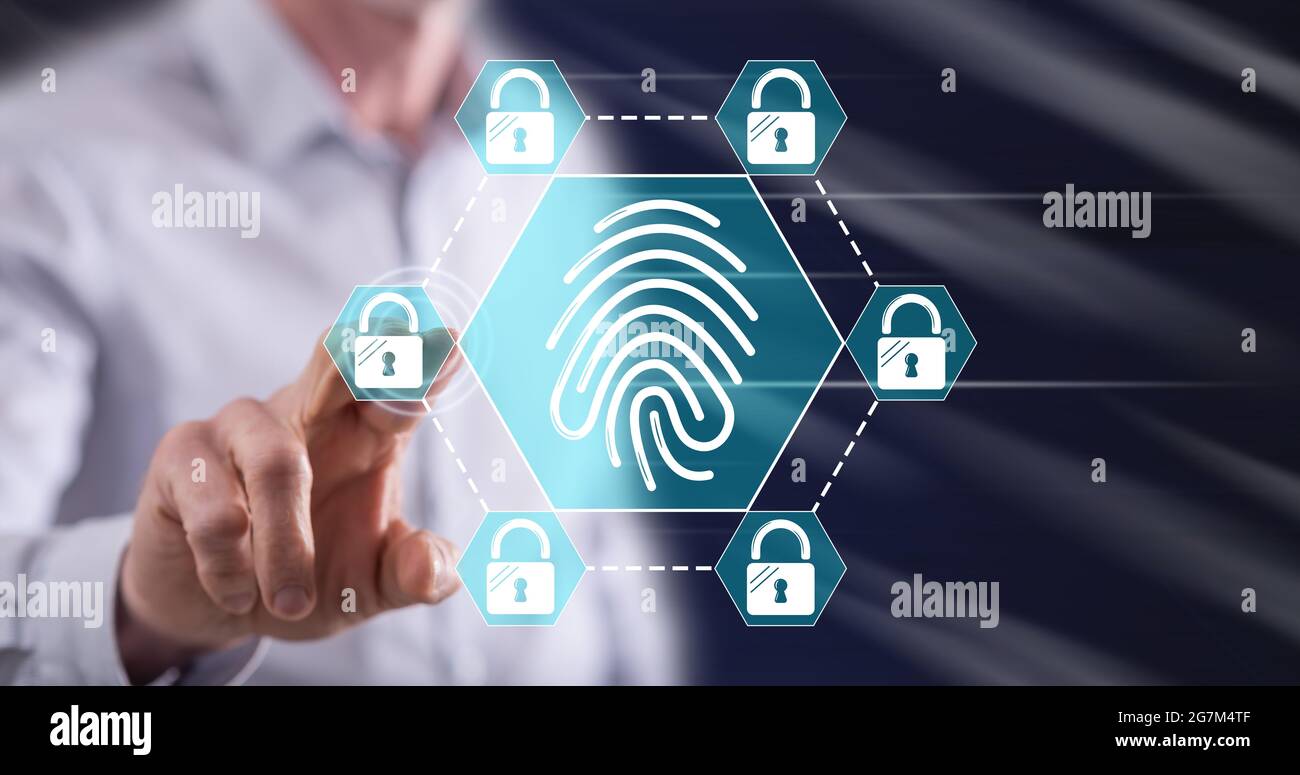 Man touching a fingerprint security system concept on a touch screen ...