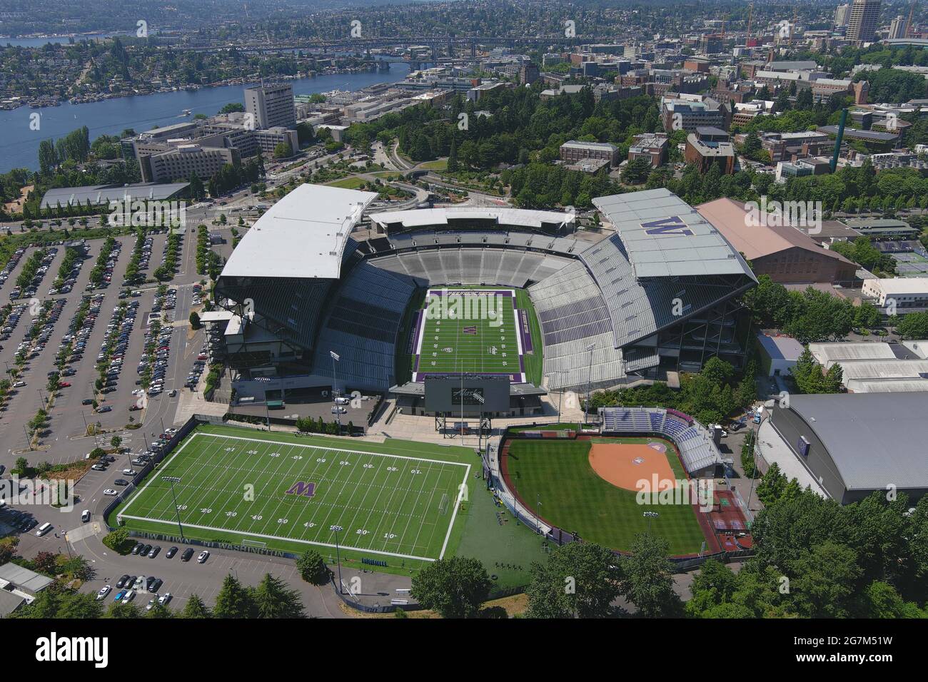 An aerial view of the Husky Stadium on the campus of the University of ...
