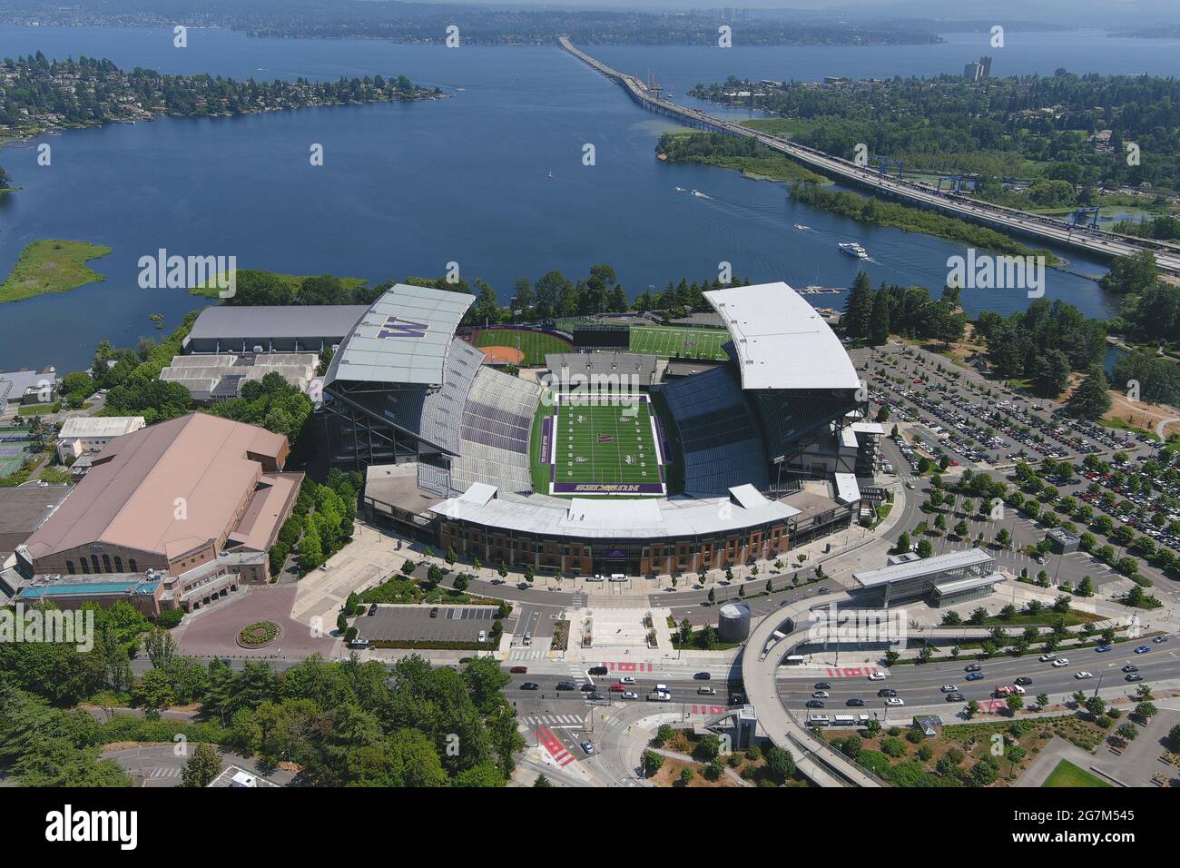 An aerial view of the Husky Stadium on the campus of the University of ...