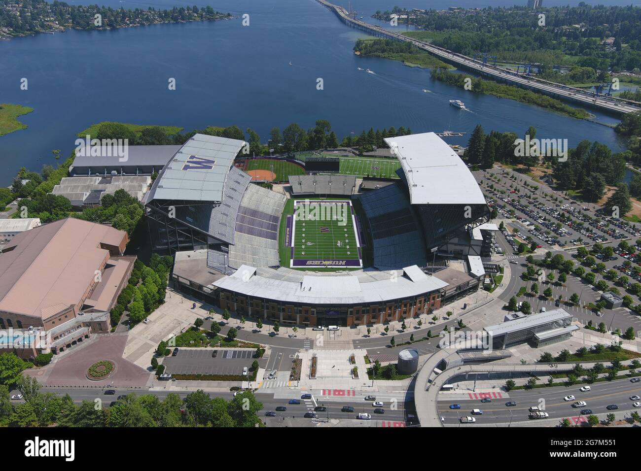 An aerial view of the Husky Stadium on the campus of the University of ...