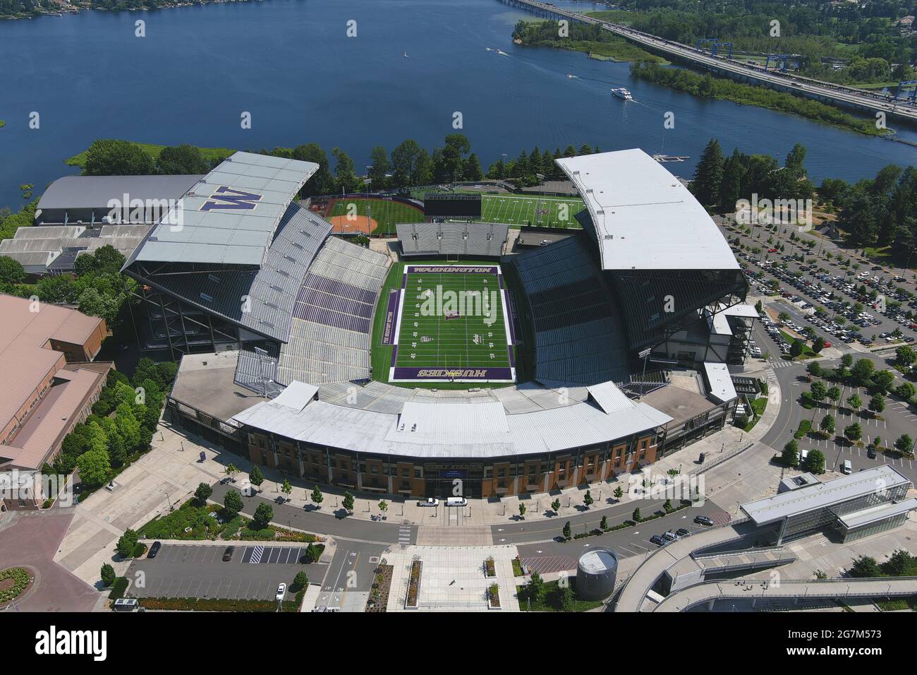An aerial view of the Husky Stadium on the campus of the University of ...