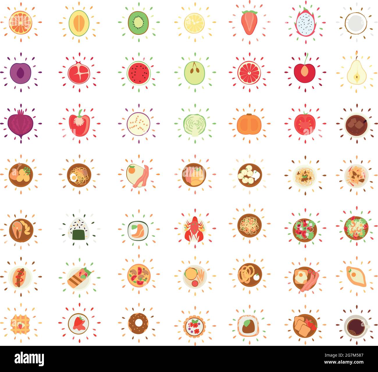 Bright icons of various foods and drinks - Vector illustration Stock ...