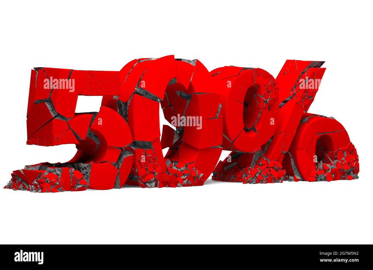 Number 50 in red isolated on white and percentage sign. Breaking prices ...