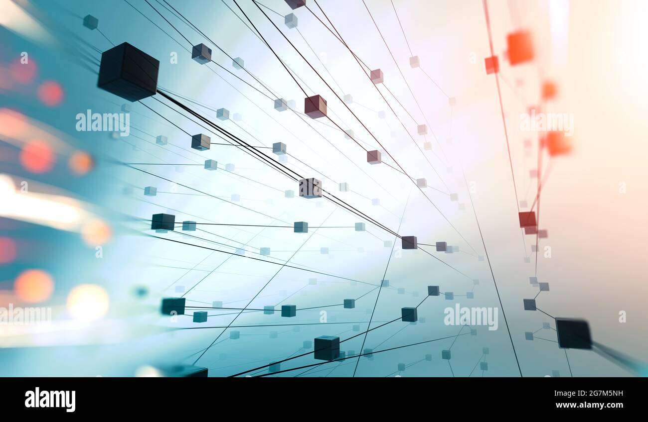 Cubes connected in dark space. Partner and networking design. Internet ...