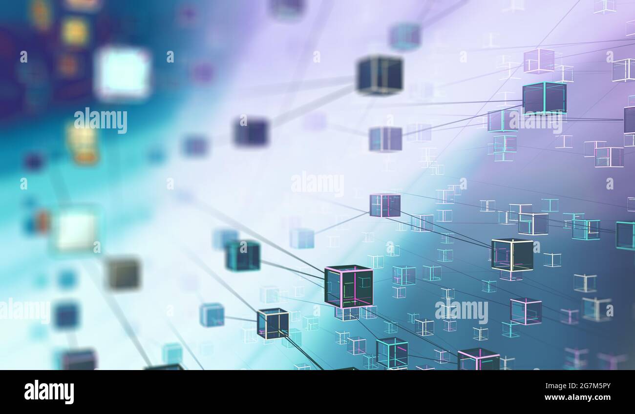 Cubes connected in dark space. Partner and networking design. Internet ...