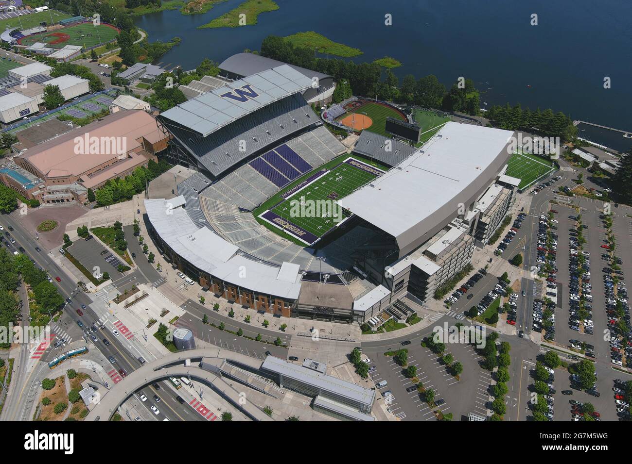 An aerial view of the Husky Stadium on the campus of the University of ...