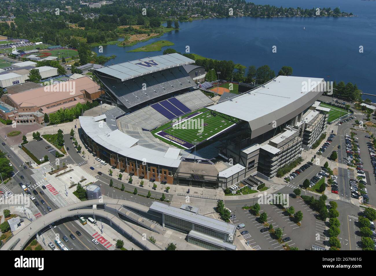 An aerial view of the Husky Stadium on the campus of the University of ...