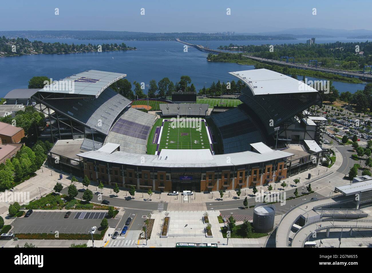 An aerial view of the Husky Stadium on the campus of the University of ...
