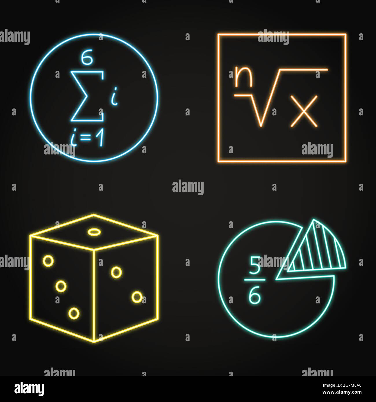 Neon math icons set in line style. Powers and roots, sequences ...
