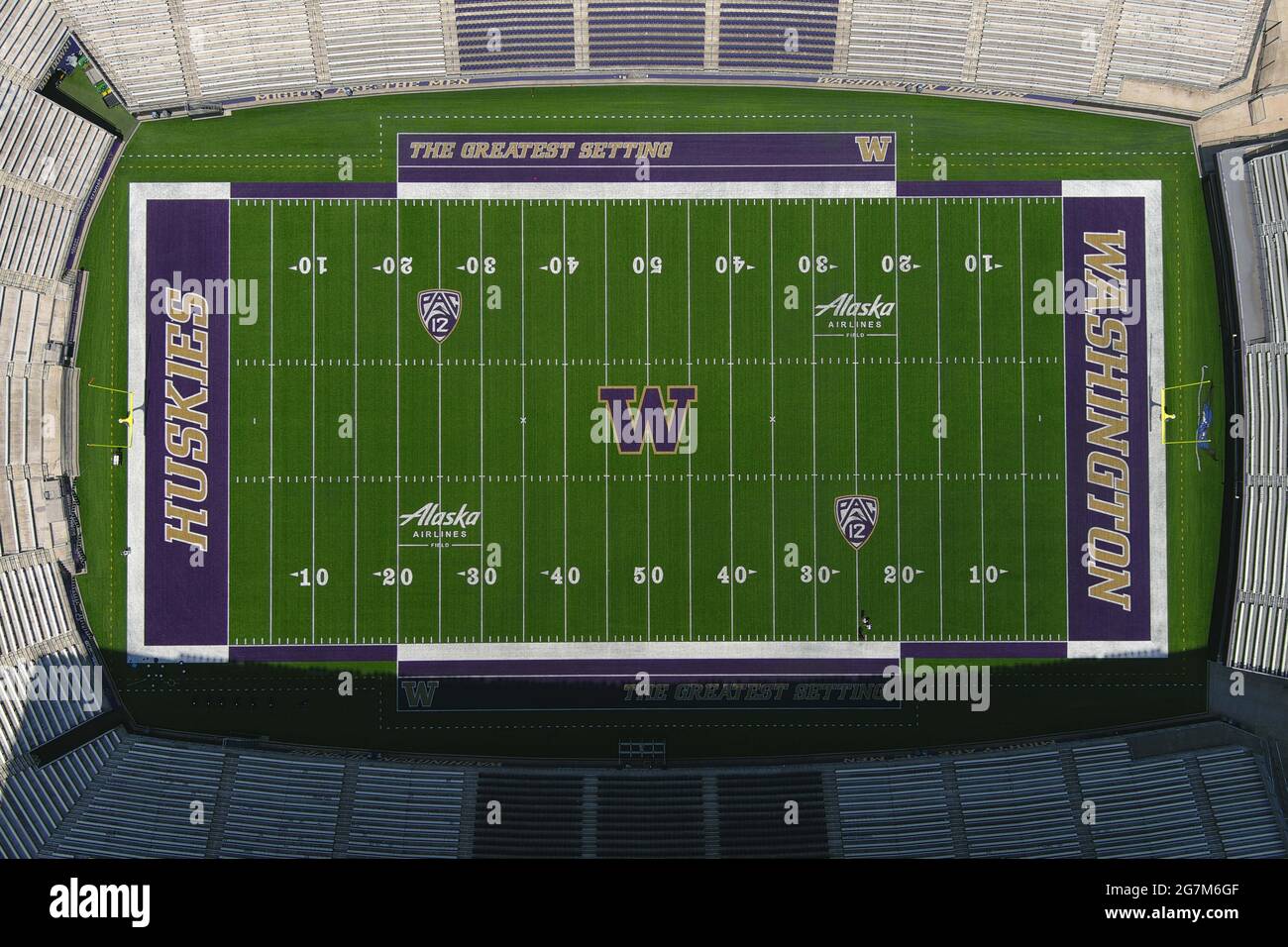 An aerial view of the Washington Huskies logo at midfield of Husky ...