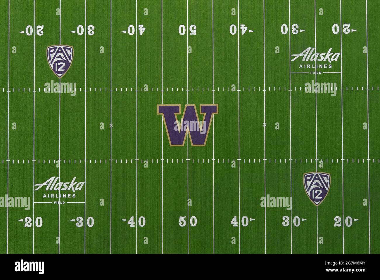 An aerial view of the Washington Huskies logo at midfield of Husky ...