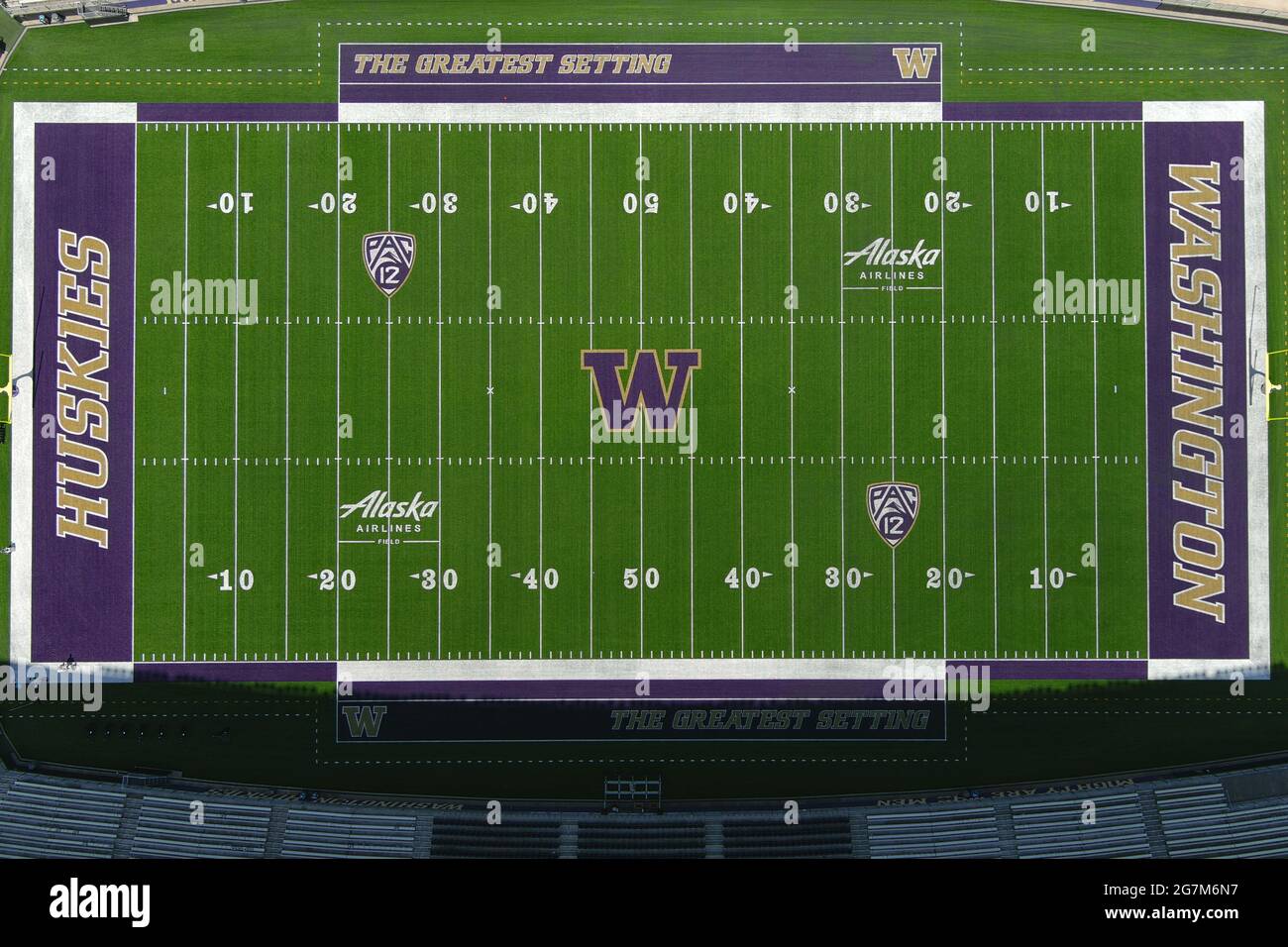An aerial view of the Washington Huskies logo at midfield of Husky ...