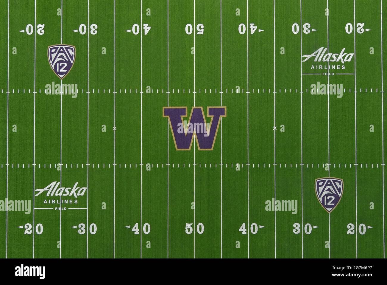 An aerial view of the Washington Huskies logo at midfield of Husky ...