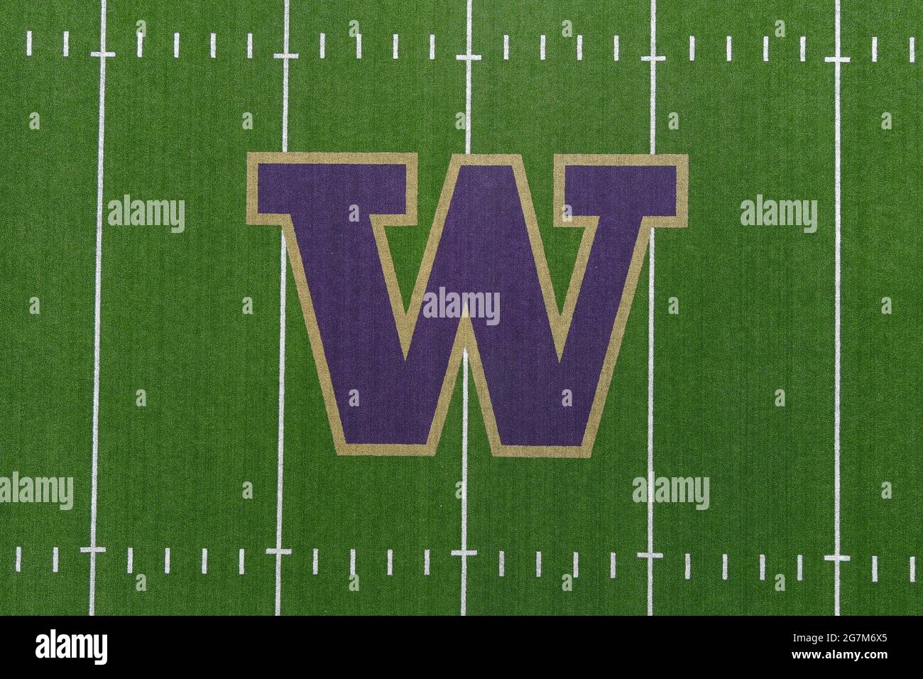 An aerial view of the Washington Huskies logo at midfield of Husky ...