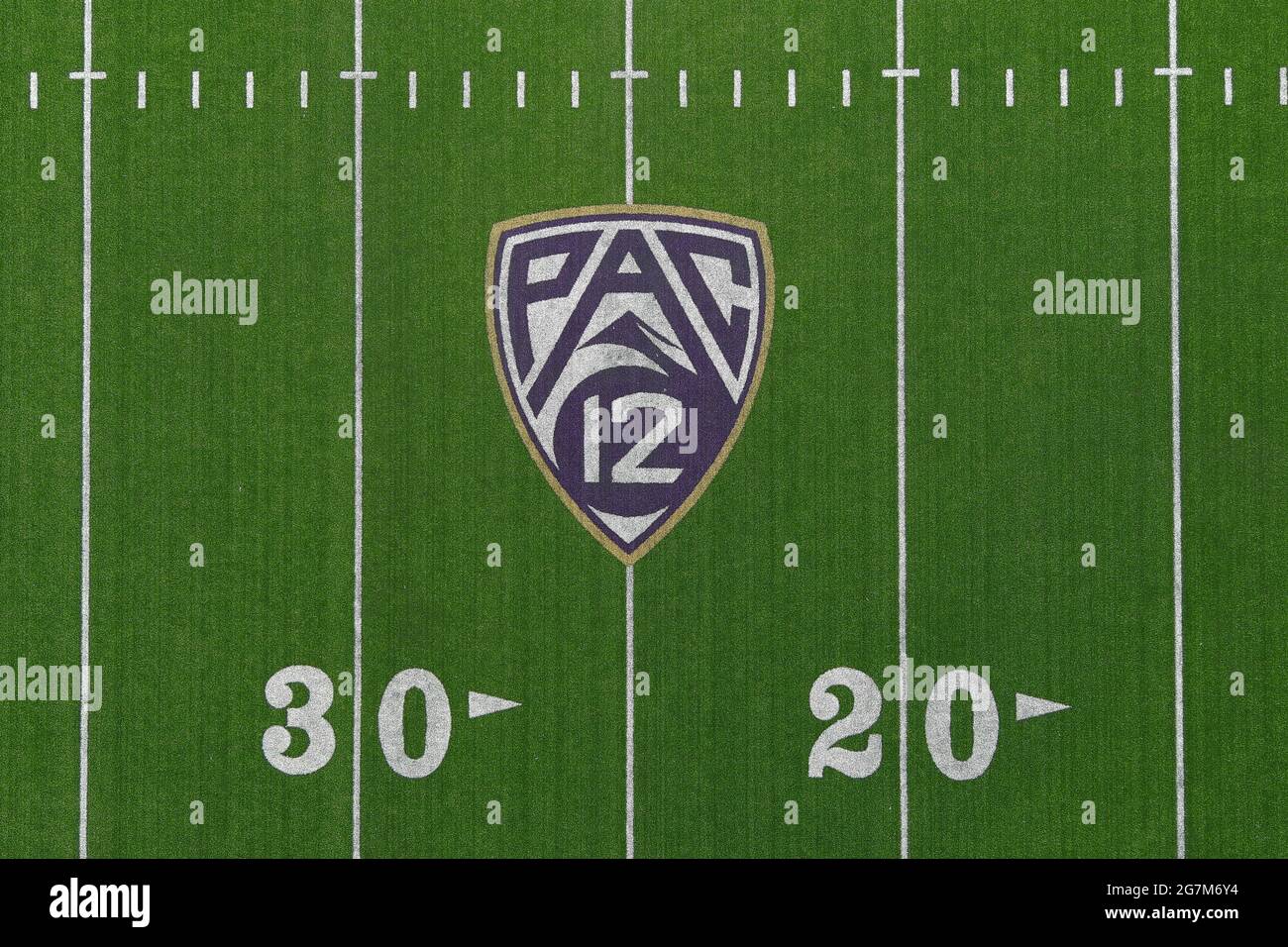 An aerial view of the Pac-12 Conference logo at midfield of Husky ...
