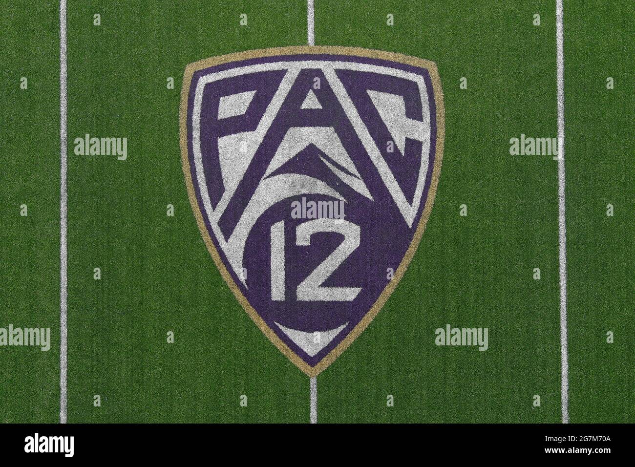 An aerial view of the Pac-12 Conference logo at midfield of Husky ...
