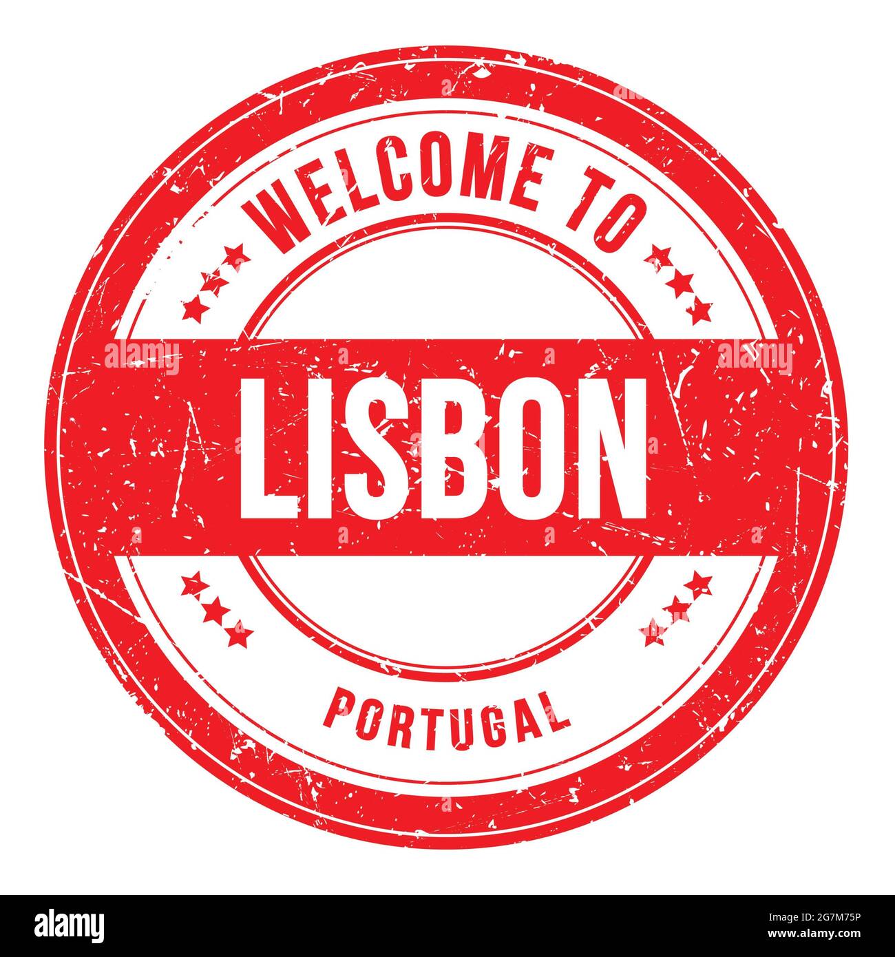 WELCOME TO LISBON - PORTUGAL, words written on red round coin stamp ...