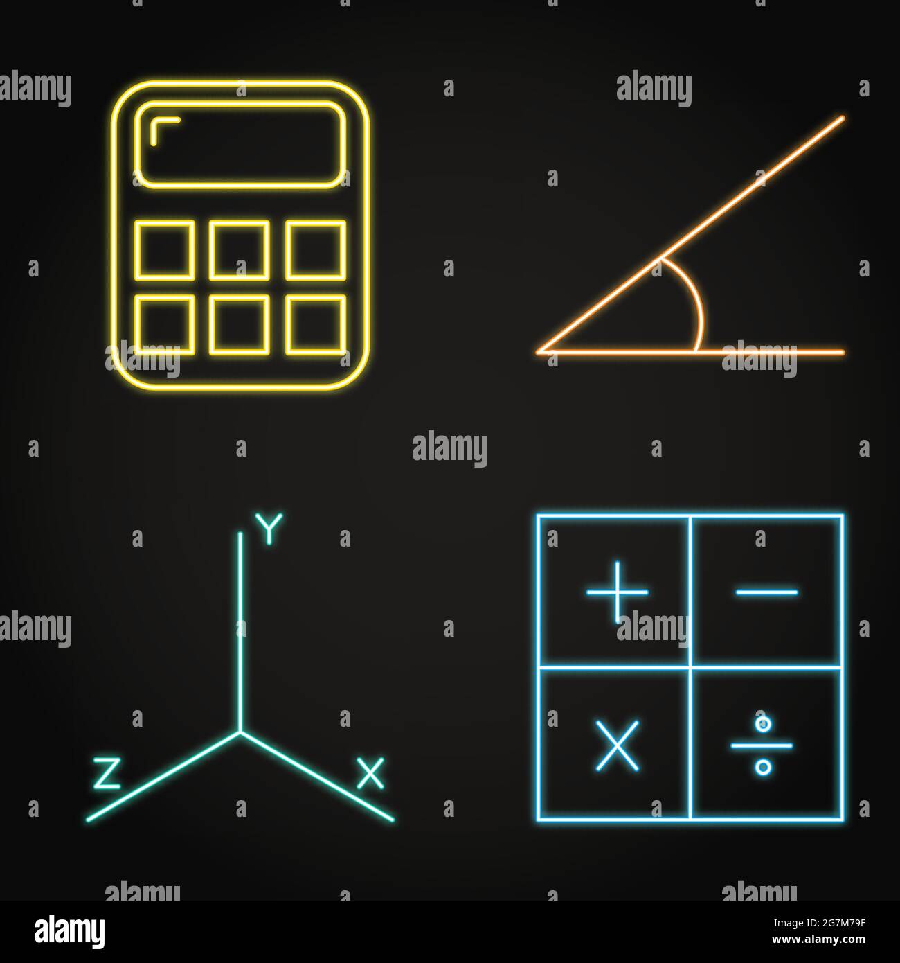 Neon Mathematics Icons Set In Line Style Basic Math Operations