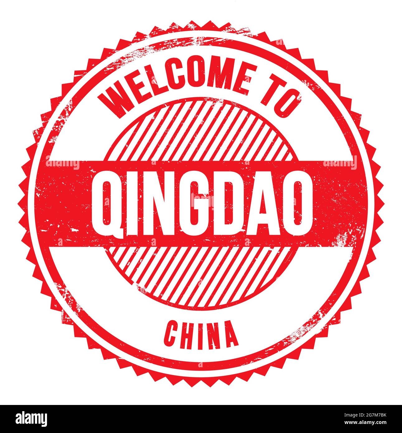 WELCOME TO QINGDAO - CHINA, words written on red zig zag stamp Stock ...