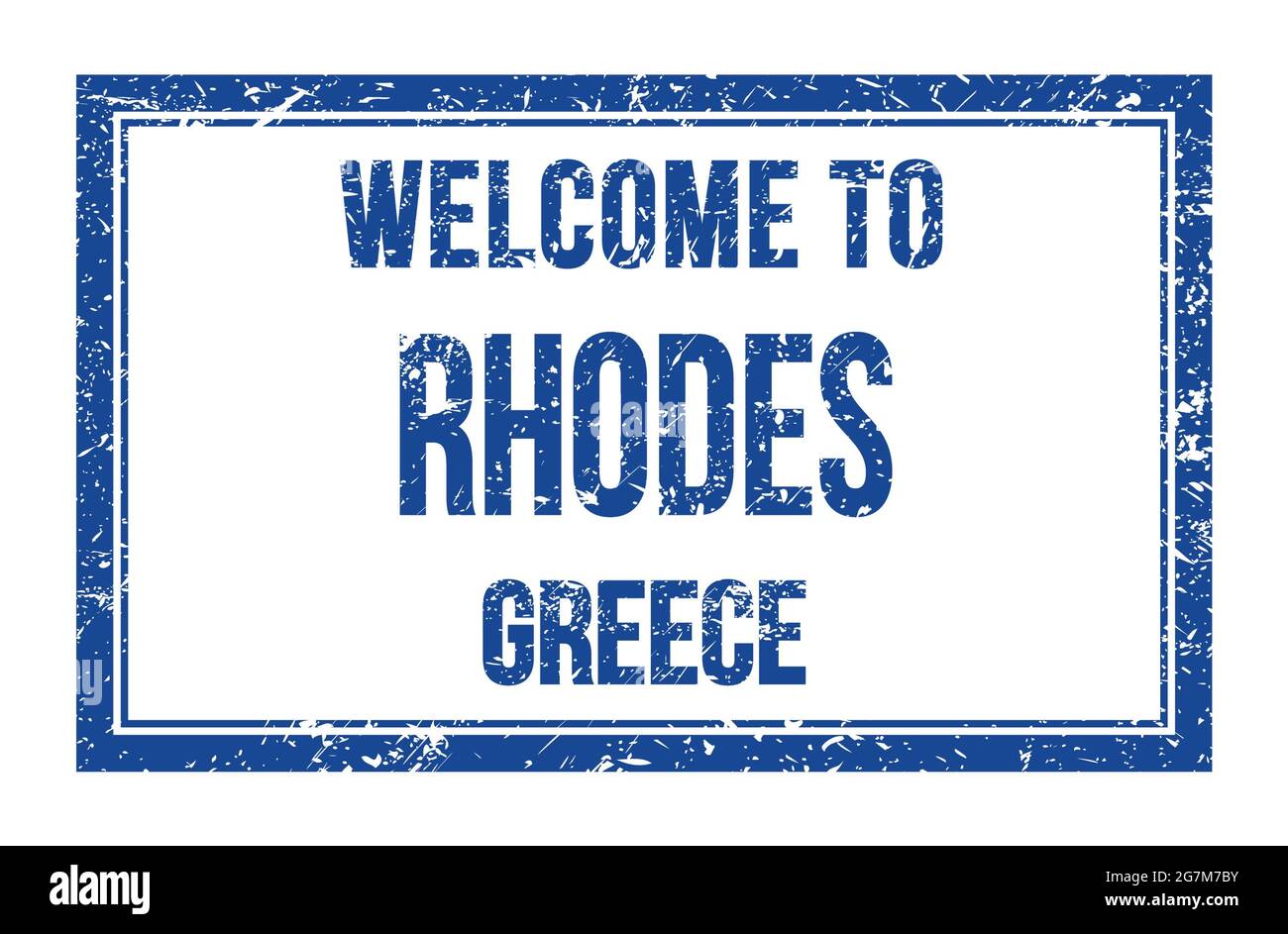 WELCOME TO RHODES - GREECE, words written on light bue rectangle post ...