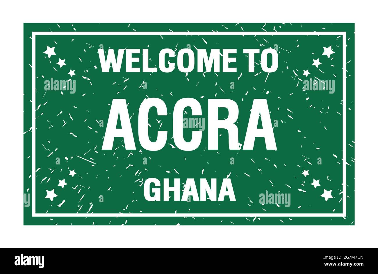 WELCOME TO ACCRA - GHANA, words written on green rectangle flag stamp ...