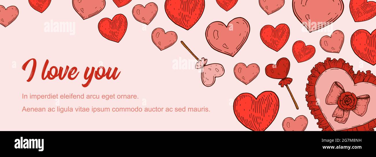 Valentines day horizontal greeting card with hand drawn elements ...
