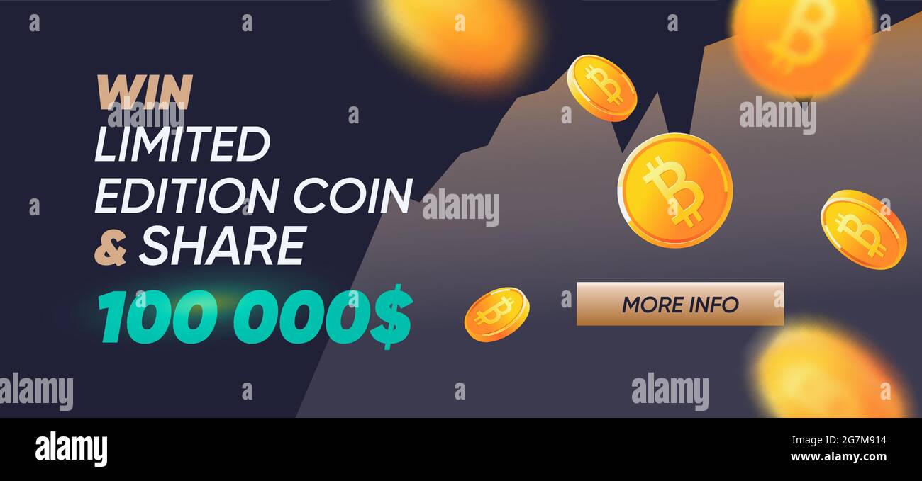 Golden Bitcoin on promotion banner. Crypto mining, blockchain ...