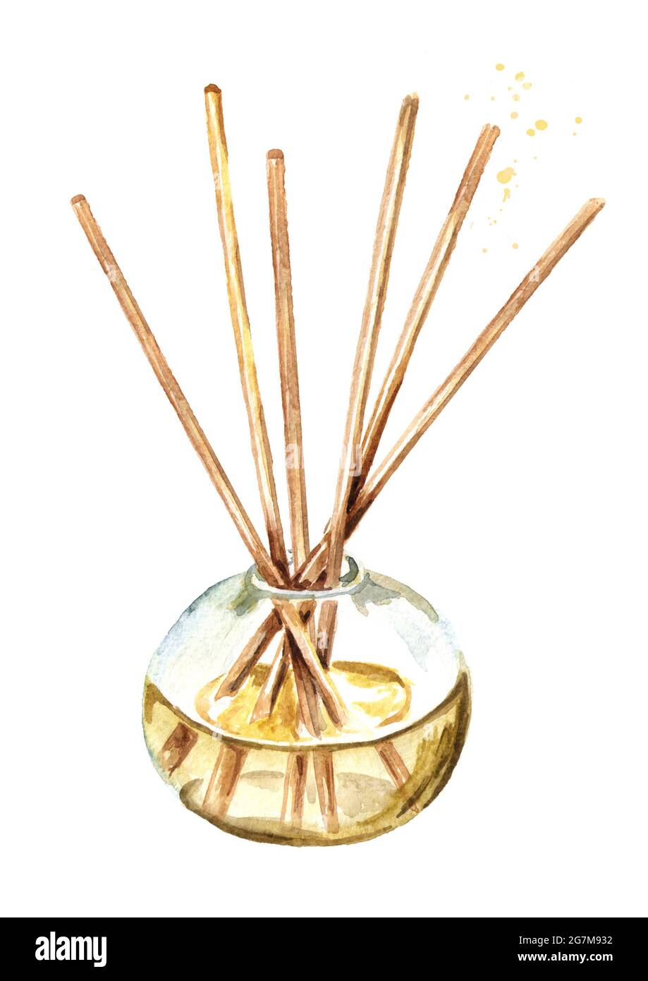 Aroma liquid in a glass bottle with sticks. Freshener. Watercolor hand ...