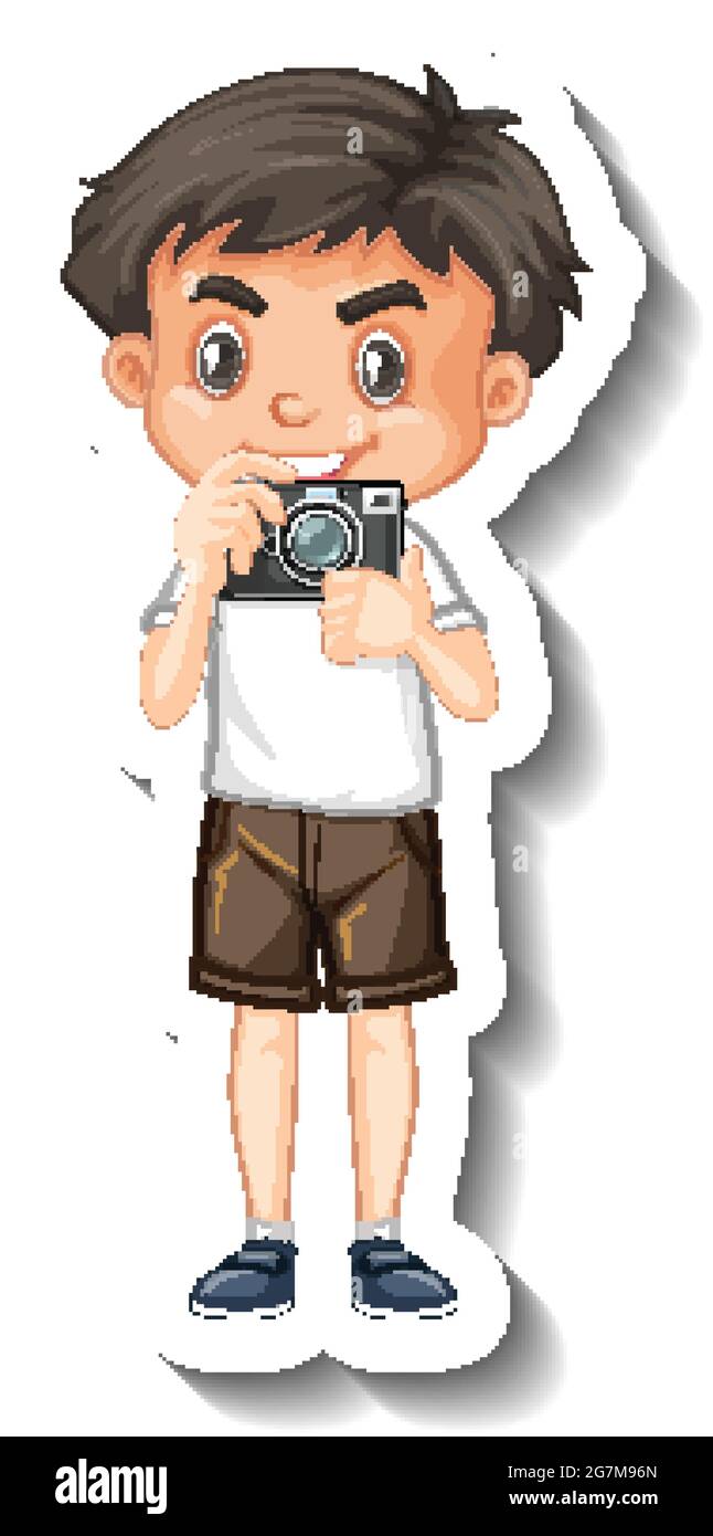 A sticker template with a cute boy holding camera cartoon character ...