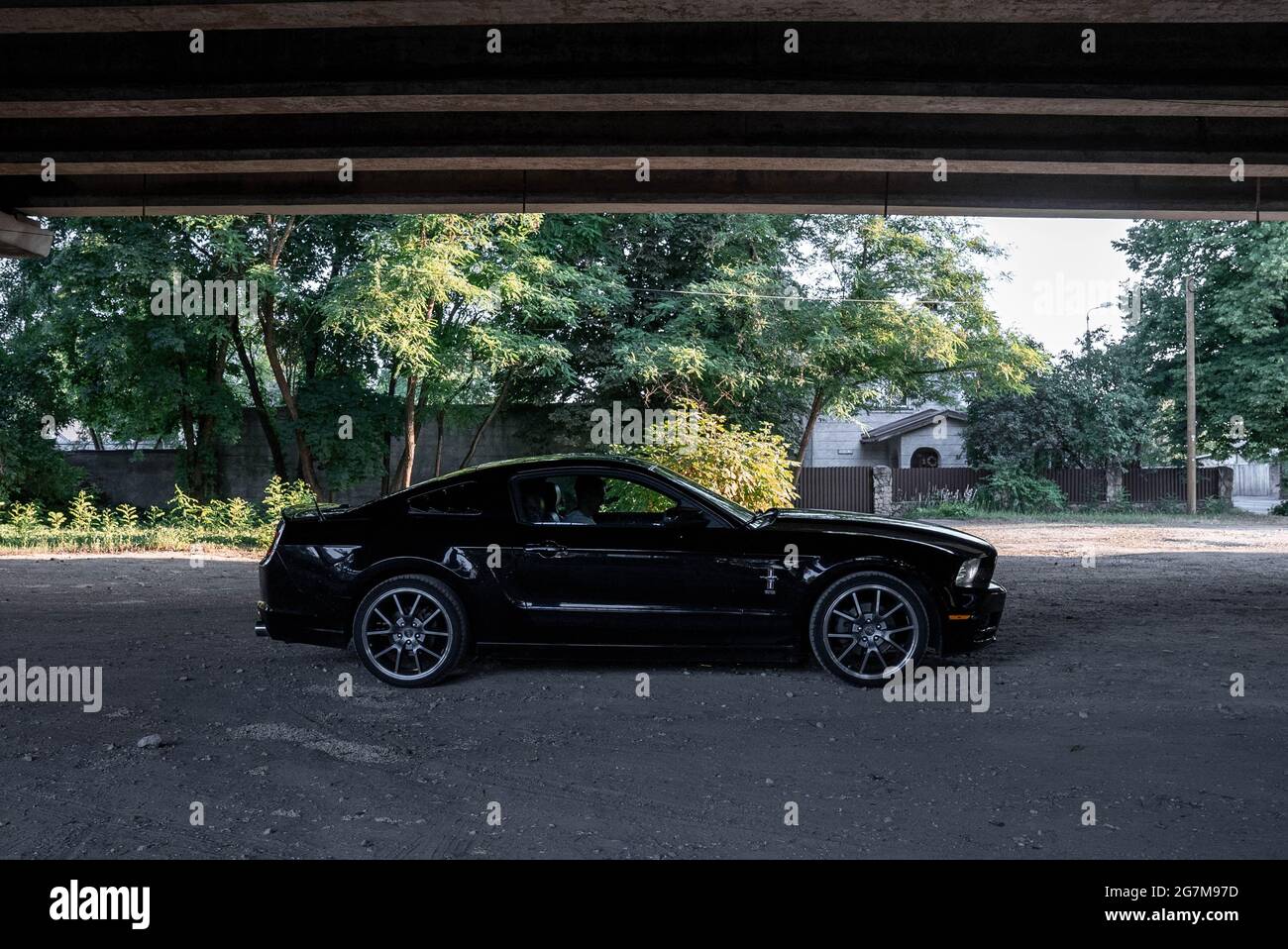 Black Ford Mustang model parked. Sporty legendary American sportscar ...