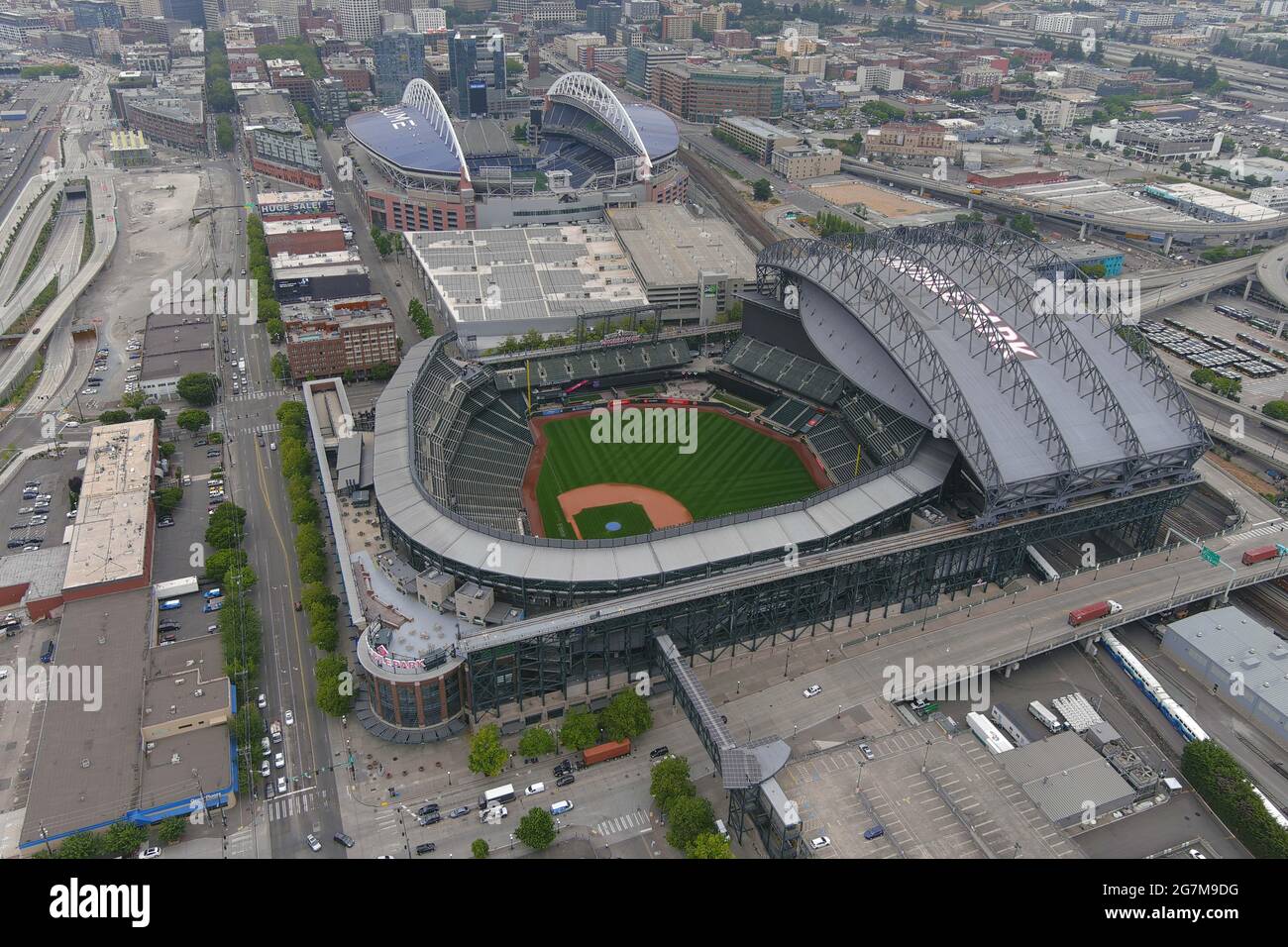 An aerial view of T-Mobile Park (foreground) and Lumen Field, Wednesday ...