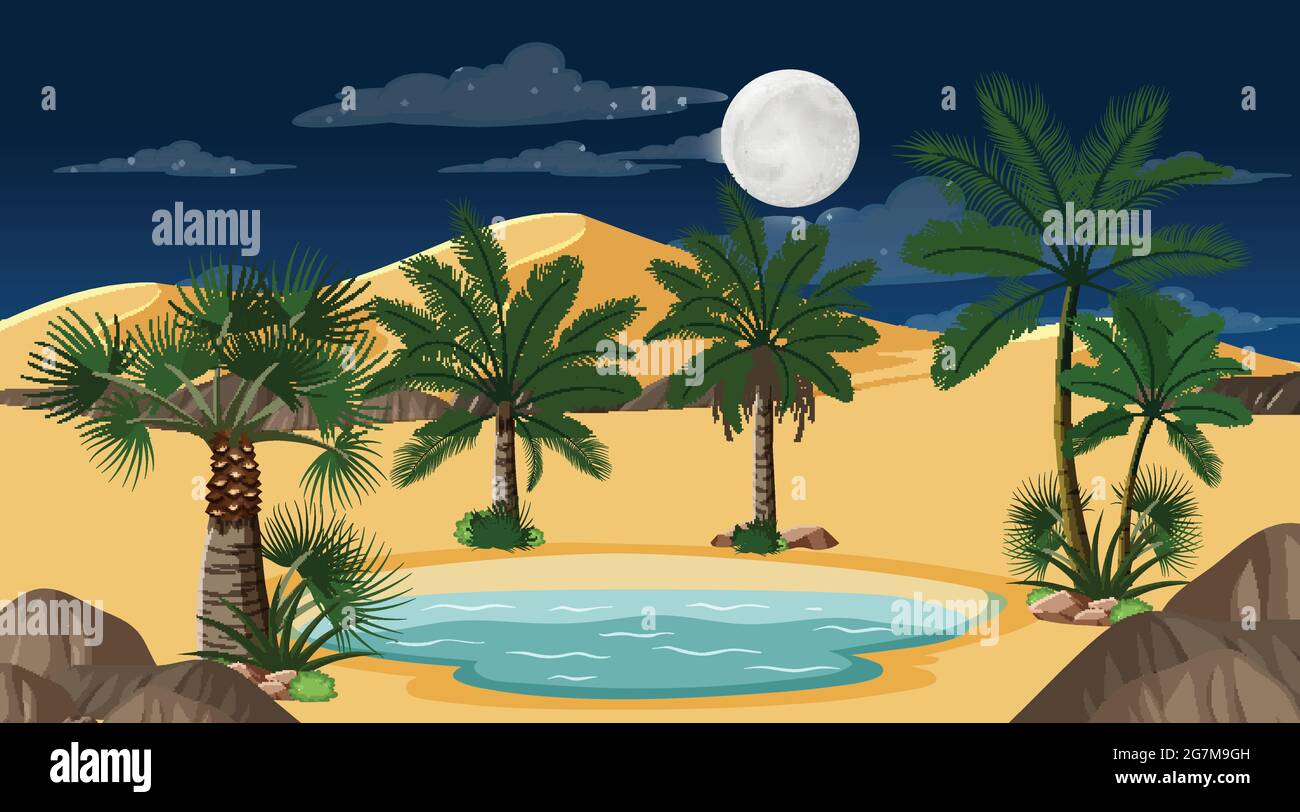 Desert forest landscape at night scene with small oasis illustration Stock Vector Image & Art ...