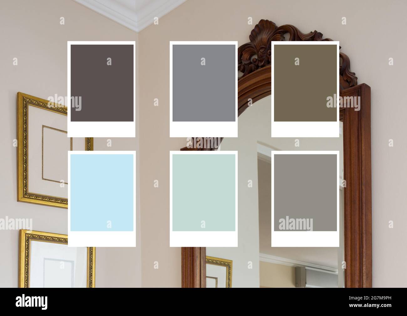 Multiple color shades against view of mirror in the living room Stock ...